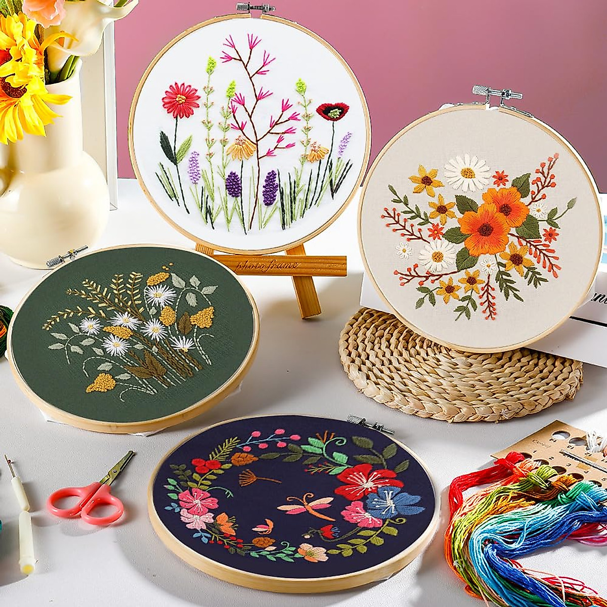 4 Pack Embroidery Kit for Beginners,Adults DIY Starter Kit,Cross Stitching Kits with Flower Stamped Patterns,Hoop,Tools,Colorful Threads with Needles,Step by Step Instructions,Hand Craft Lover Gift