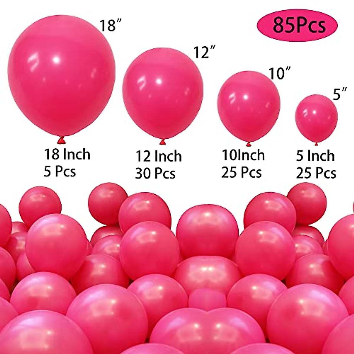 Hot Pink Balloons, 85Pcs 18 Inch 12 Inch 10 Inch 5 Inch Latex Party Balloons For Birthday Party Decoration Baby Shower Wedding Anniversary Bachelorette Graduation