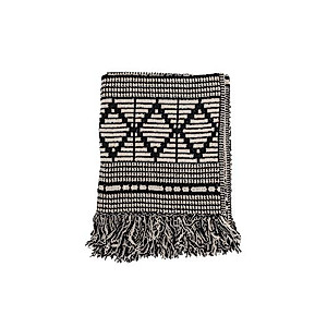 Bloomingville Black & Beige Woven Cotton Blend Blanket with Fringe Throw, One Size fits All, Black