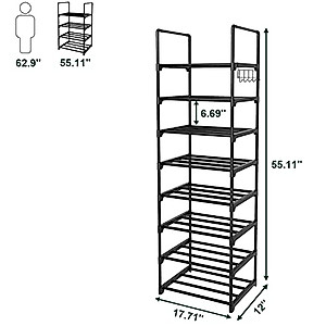 YAHAO 8 Tiers Tall Shoe Rack Narrow for Entryway, Sturdy Metal Shoe Rack Organizer with Side Hooks, Free Standing Shoe Rack for Closet