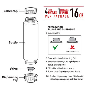 FIFO Squeeze Bottle Refillable (4 Pack) Blue Dispenser for Thick Condiments, Tartar Sauces, Rellish and Dressing with Flexible Funnel
