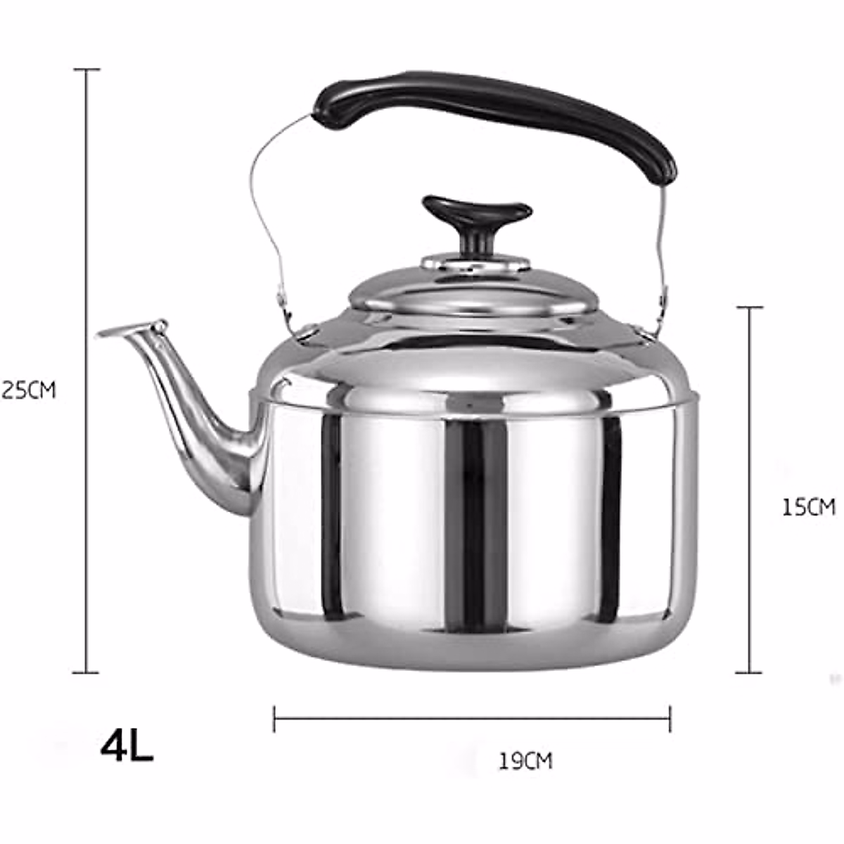Whistle Teapot Anti-scalding Handle Stainless Steel, 4L Capacity Silver Tea Kettle Simple Design Suitable for All Stoves in The Kitchen