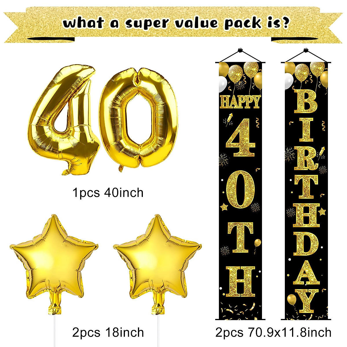 32Pcs 40th Birthday Decorations Kit for Men Women, Black Gold Happy 40 Birthday Banner Balloons Hanging Swirls Kit Party Supplies, Forty Year Old Birthday Backdrop Props Sign Decor