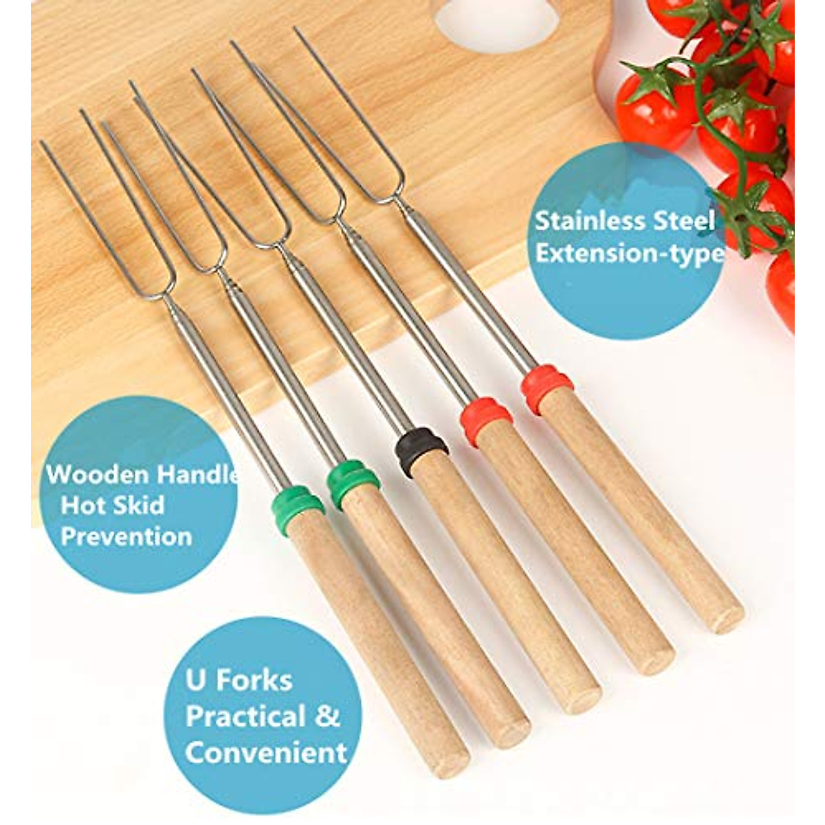 Marshmallow Roasting Sticks Wooden Handle Set of 12 Smores Skewers Telescoping Forks 32 inch with Portable Bag for Hot Dog Campfire Camping Stove BBQ Tools