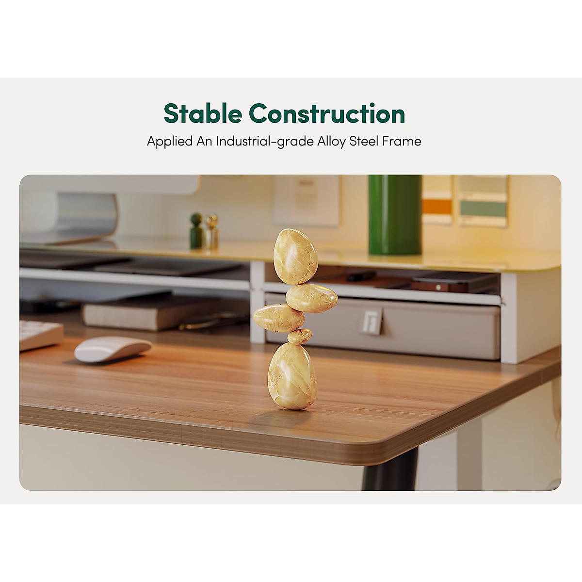 FEZIBO Electric Standing Desk with Glass Top Monitor Stand,55 x 26 Inch Adjustable Sit Stand Up Table with Double Drawer, Sit Stand Desk with Storage Shelf, White Frame/Light Walnut Top