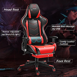 X-VOLSPORT Massage Gaming Chair with Footrest Reclining High Back Ergonomic Office Chair with Lumbar Support and Headrest Computer Chair Red Desk Chair