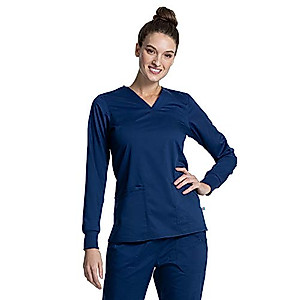Cherokee Women Scrubs Top Workwear Revolution Tech Long Sleeve V-Neck WW855AB, L, Navy