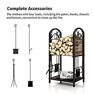 Flohover 5-Piece Wrought Iron Firewood Log Storage Rack Holder Tools Set for Indoor Outdoor Firewood Rack Fireplace Tools Firewood Rack Tools Heavy Duty Indoor Log Rack