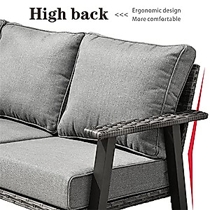 ovios Patio Furniture Set 5 PCS All Weather Outdoor Wicker Rattan Sofa Set with Ottomans High Back Sofa Thick Cushion Garden Backyard Porch (Dark Grey)