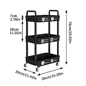 Laiensia 3-Tier Storage Cart,Multifunction Utility Rolling Cart Kitchen Storage Organizer,Mobile Shelving Unit Cart with Lockable Wheels for Bathroom,Laundry,Living Room,With Classified Stickers,Black