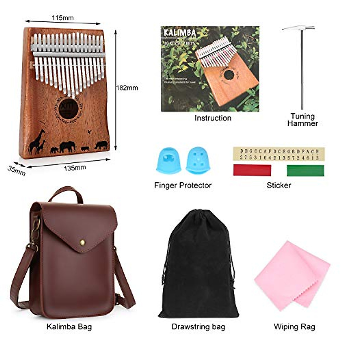 Kalimba, FIXM 17 Keys Thumb Piano with Protective Case and Study Instruction Tuning Hammer, Portable and Easy to Operate, Perfect Gifts for Beginners and Professionals