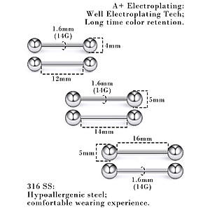 Ruifan 12PCS 14G Surgical Steel Shiny Ball Nipple Tongue Shield Ring Barbell Body Piercing Jewelry Retainer 12mm 14mm 16mm - Silver