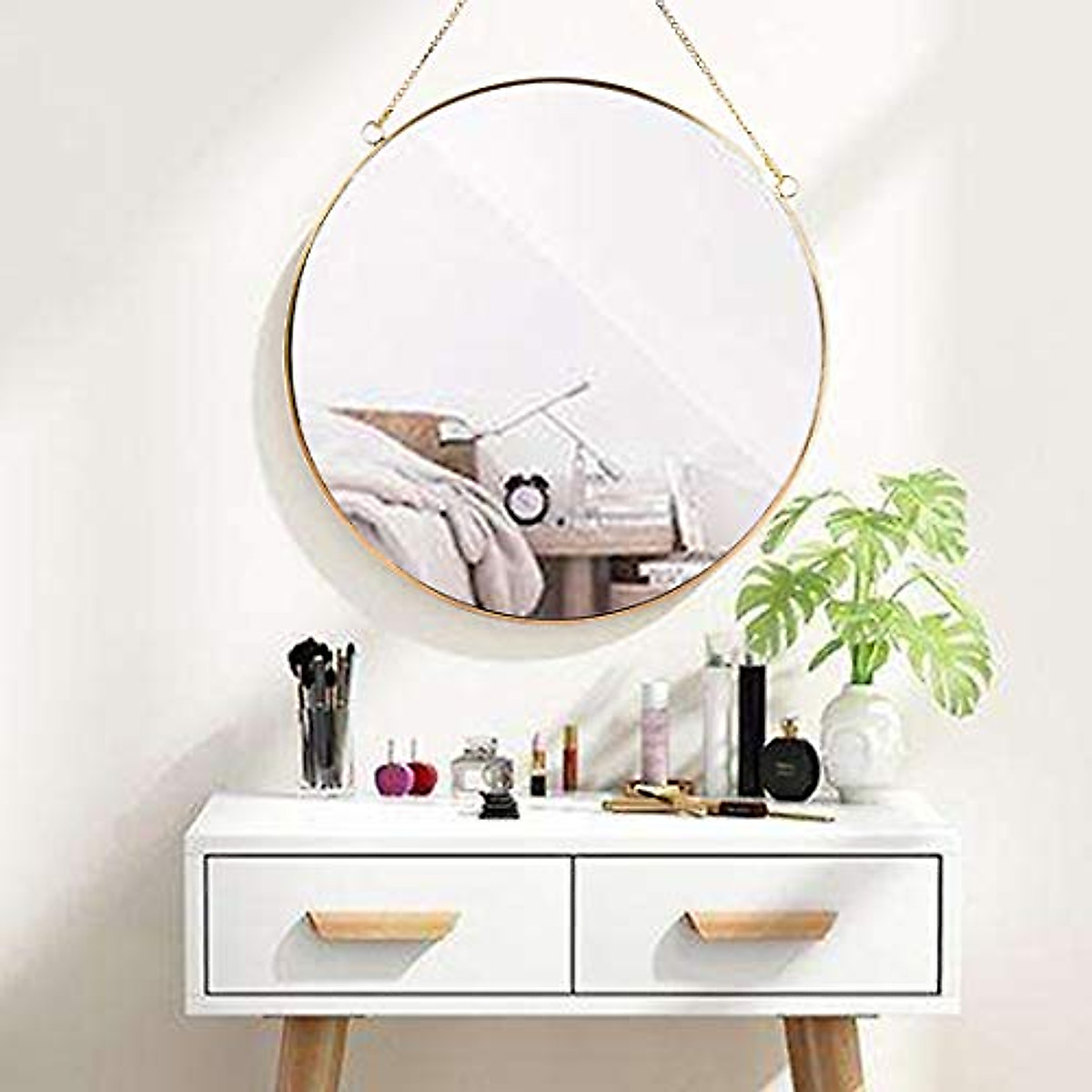 LONGWIN Hanging Wall Circle Mirror Decor Gold Geometric Mirror with Chain for Bathroom Bedroom Living Room 15.7"