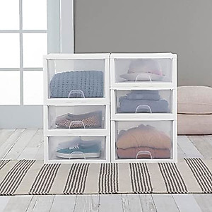 Sterilite 27 Qt Stacking Storage Drawer, Stackable Plastic Bin Drawer to Organize Shoes and Clothes in Home Closet, White with Clear Drawer, 8-Pack