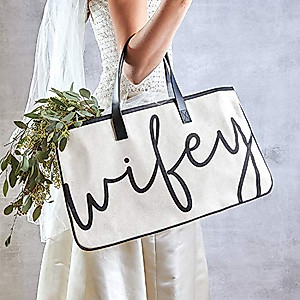 Santa Barbara Design Studio Tote Bag Wedding Collection Black and White 100% Cotton Canvas with Genuine Leather Handles, Large, Wifey