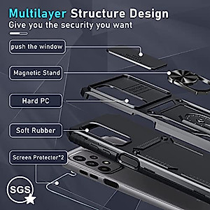 Janmitta for Samsung Galaxy A23 5G/4G Case Built in Slide Camera Lens Cover+Screen Protector,Heavy Duty Shockproof Full Body Protective Cover,Built in Finger Ring Stable Holder Kickstand,2022 Black