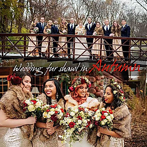 Aukmla Women's Brown Faux Fur Shawl Wedding Fur Wraps and Shawls Bridal Fur Stoles Scarf with Rhinestones Brooch for Bride and Bridesmaids (A-Brown, US 4-14 (S-M))