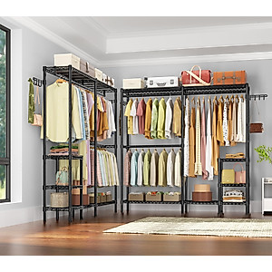 Heavy Duty Clothes Rack Clothing Rack for Hanging Clothes,Large Metal Garment Rack with 4 Tiers Adjustable Wire Shelves&3 Hanger Rods&2 Hooks,Freestanding Closet Wardrobe System,MaxLoad 800lbs