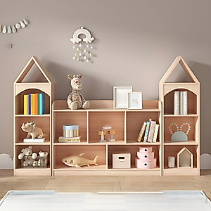 LITFAD Freestanding Kids Bookshelf Nordic Home Kids Storage Cubby Solid Wood Cubby Storage Bookcase Kindergarten Storage Cabinet Modern Display Shelf - Pine 79" L x 9" W x 52" H