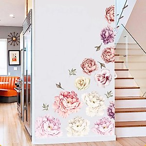 Large Floral Wall Sticker, 15 Peonies Set Wall Decals Large Pink White Purple Flowers for Living Room Nursery Removable Wall Decorations Abstract Modern Wall Art
