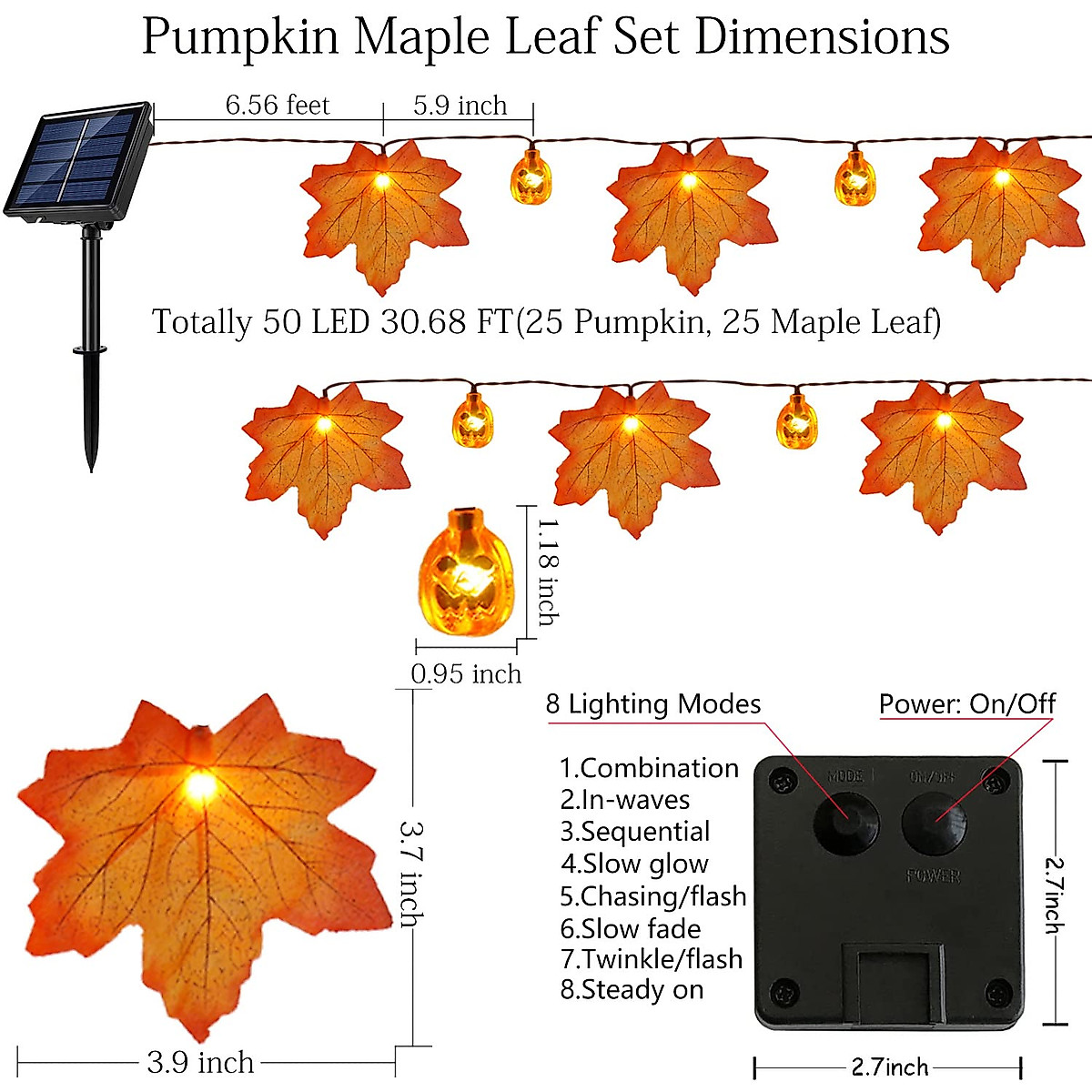 Xingpold Fall Decor Solar Pumpkin Maple Leaf String Lights Outdoor, 50LED 30ft Fall Garland with Lights Waterproof Pumpkin Lights for Thanksgiving Halloween Autumn Door Porch Home Garden Decorations