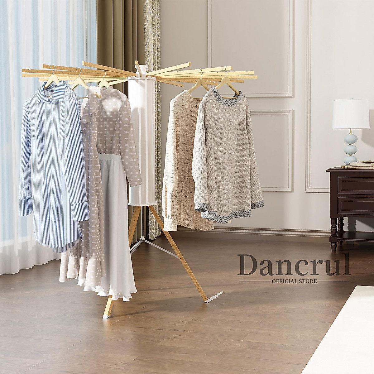 Tripod Clothes Drying Rack, Octopus Drying Rack, Portable and Foldable Space Saving Drying Rack,16 Expandable Rods,Wooden, Collapsible Drying Rack for Camping, Balcony, Bedroom and Laundry Room.