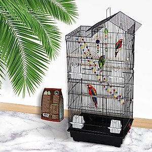 HCY 39 Inches Bird Cage Roof Top Large Flight Parrot Bird Cage with Toys for Medium Small Birds, Lovebirds, Finch, Cockatiel Parakeets, Parrot, Iron Bird Cage, Black, 17x14x39 Inch (Pack of 1)