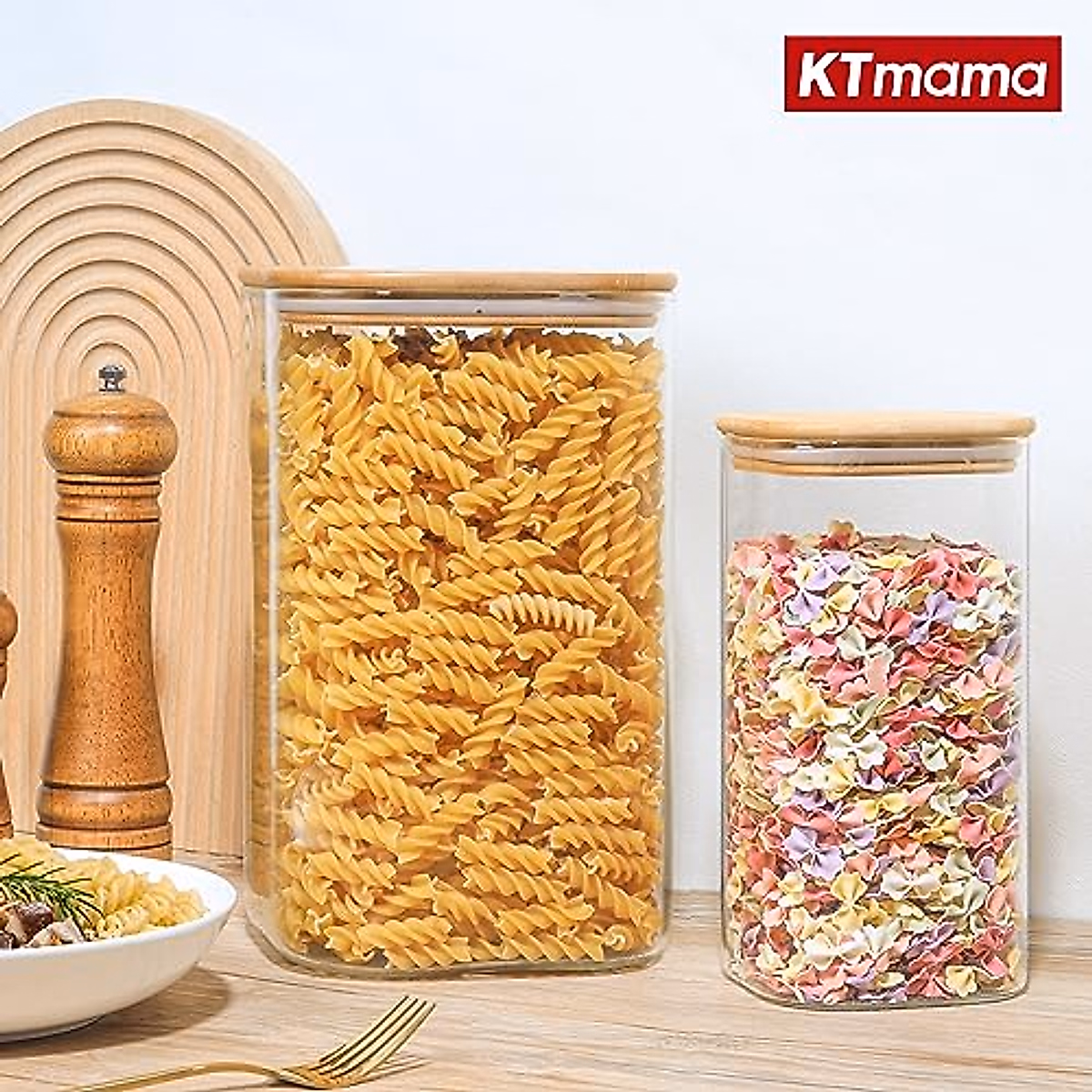 KTMAMA 1 Gallon Glass Jar with Bamboo Lid, Glass Food Storage Containers, 138 oz Cereal containers, Large Square Glass Jars with Bamboo Lids for Rice, Pasta, Oats, Grains, Cookies, Coffee Beans