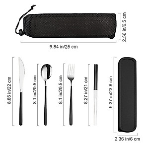 VANRA 4-Piece Portable Travel Utensils Set with Case 18/8 Stainless Steel Flatware Set Reusable Cutlery Set with Fork Spoon Knife Chopstick for Lunch Travel Camping School Work Picnic (Black)