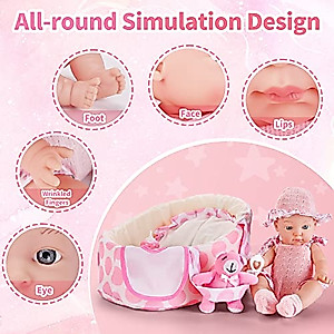 deAO 13 Inch Newborn 26 PCS Baby Doll with Clothes Doll Accessories Reborn Realistic Baby Dolls with Carrier Bassinet Bed,Pillow & Caring Set Baby Grow Up Doll for Kids Girl
