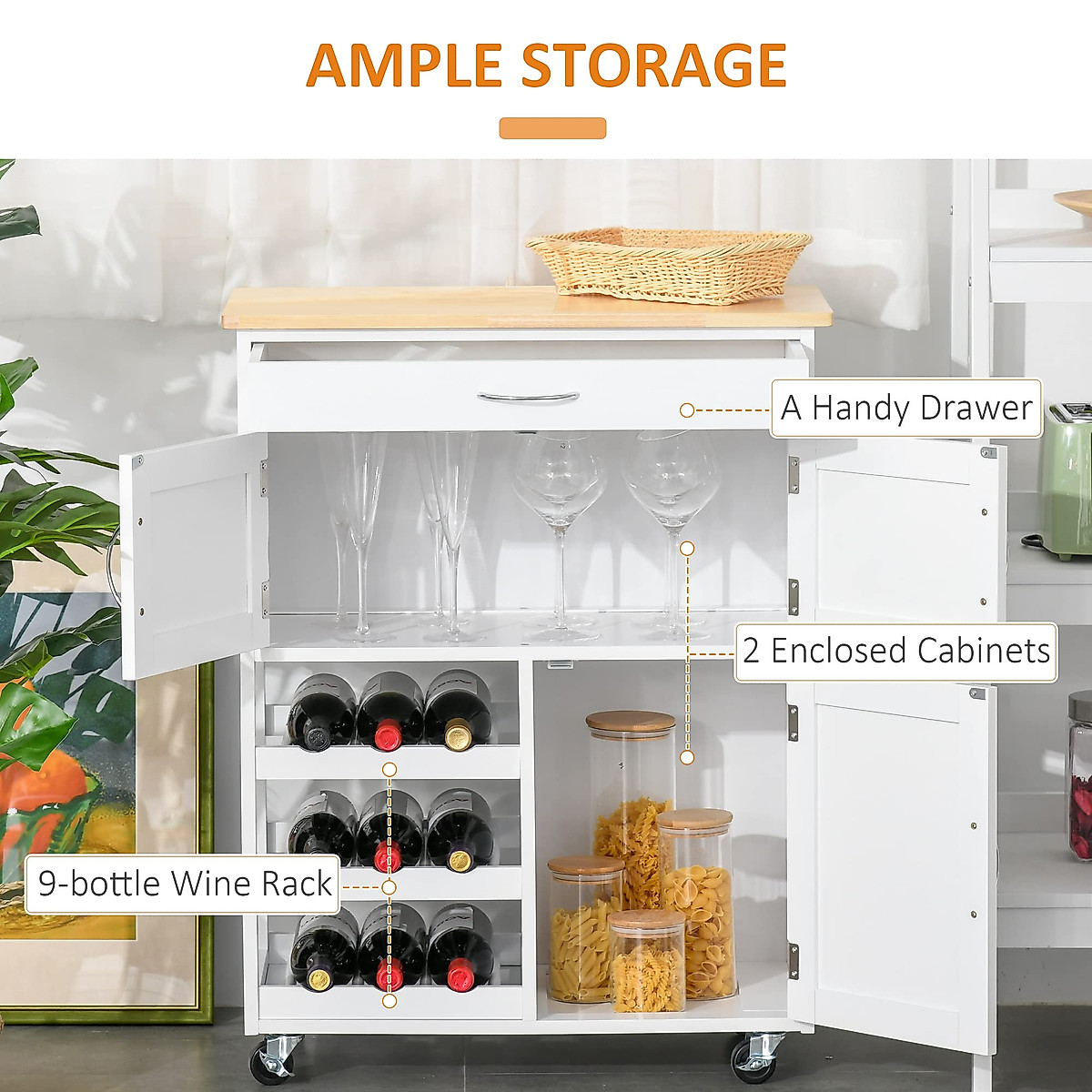 HOMCOM Bar Cart Rolling Kitchen Island on Wheels with 9-Bottle Wine Rack, Small Kitchen Cart with Wide Drawer, Kitchen Storage Cabinets, Wooden Countertop, White
