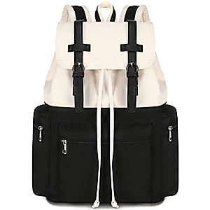 Bluboon Laptop Backpack Women Men 15.6 Inch College Backpack with Charge Port School Bookbag Waterproof Casual Daypack Backpack for Travel Work(Black-Beige)