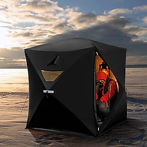 Outsunny 2-4 People Ice Fishing Shelter, Pop-Up Portable Ice Fishing Tent with Carry Bag, Two Doors, Windows and Vents, Ice Shanty for Winter Fishing, Black