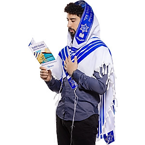 Large Tallit Prayer Shawl with Matching Bag, Certified Kosher, With Blessing On Neckband & Uniq Design on the Corners, Made in Israel, Soft Tallit Prayer Shawl For Men & Women - Blue, 60 - H55 x W75