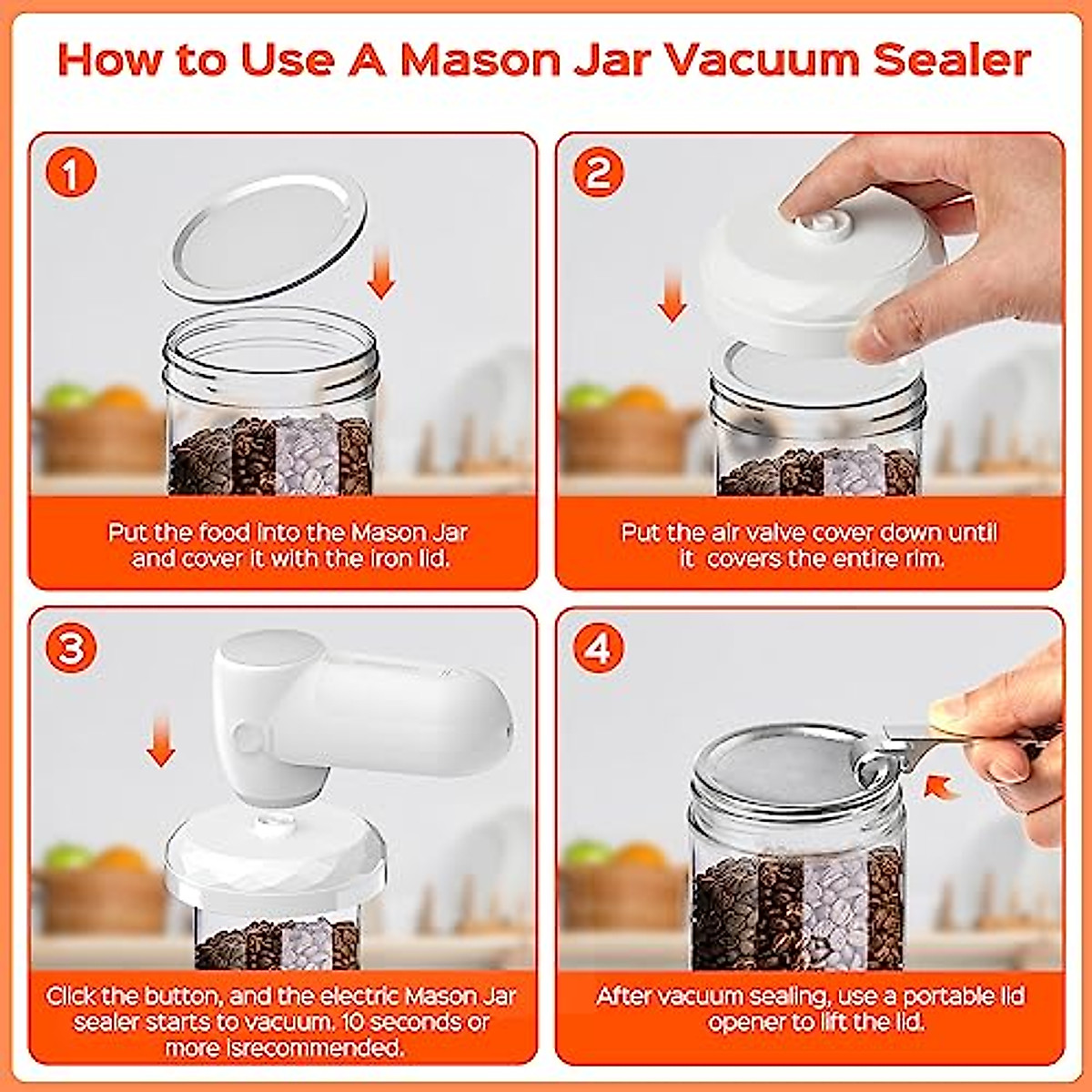 WOEHOL Electric Mason Jar Vacuum Sealer, Cordless Mason Jar Sealer Vacuum Kit for Wide Mouth & Regular Mouth Mason Jar, Vacuum Sealer Bags and Vacuum Seal Containers.
