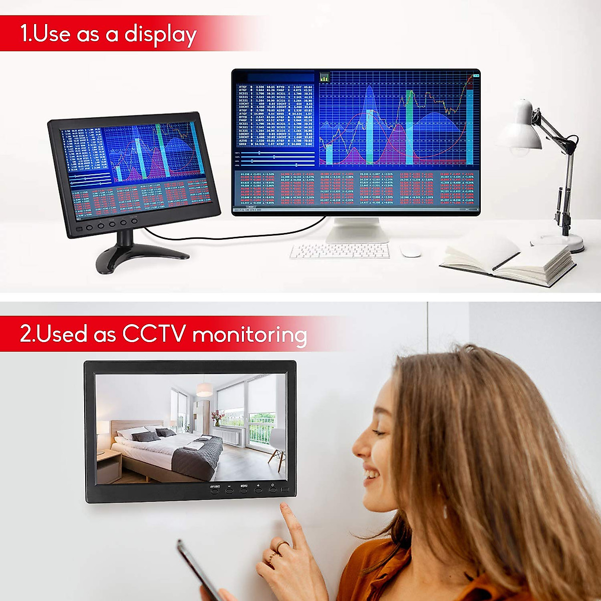 WHOLEV 10.1 inch CCTV HDMI Monitor 1280X800 IPS Color Screen Home Security Monitor with AV/VGA/BNC/HDMI Input Built-in Speaker for Raspberry Pi