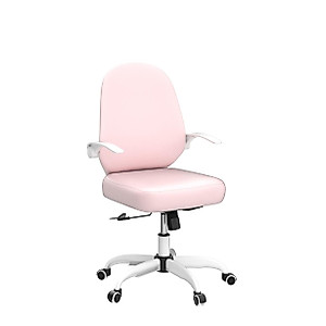 Kids Desk Chair with Arms and Wheels, Pink Ergonomic Leather Comfy Office Chair with Flipping Armrests, Study Chair for Girls and Boys, Small and Cute Adjustable Height Computer Desk Chair