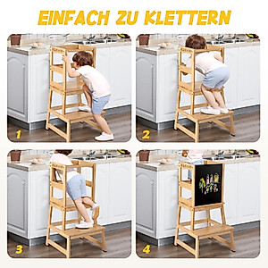 Kids Kitchen Step Stool with Chalkboard and Safety Rail for Toddlers 18 Months and Older, Wooden Tower for Toddlers with Safety Anti-Slip Protection, Removable Step Stool for Adult Use, Natural