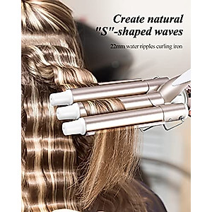 CkeyiN 3 Barrel Curling Iron Wand Hair Waver with LCD 16 Temperature Control Display, Ceramic Tourmaline Crimper Hair Iron with Glove, for All Hair Types Crimper Beach Waving Styling (Display)