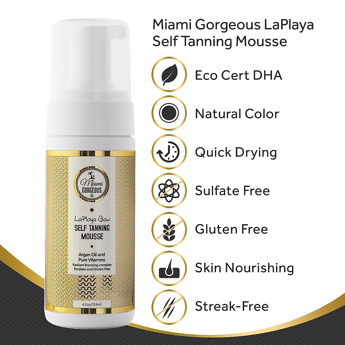Miami Gorgeous Self Tanning Mousse LaPlaya Glow Instant Self Tanner Bronzing Mousse to Tan Skin Organic Ingredients Best Natural Self Tanner Satisfaction Guarantee 4.2 oz