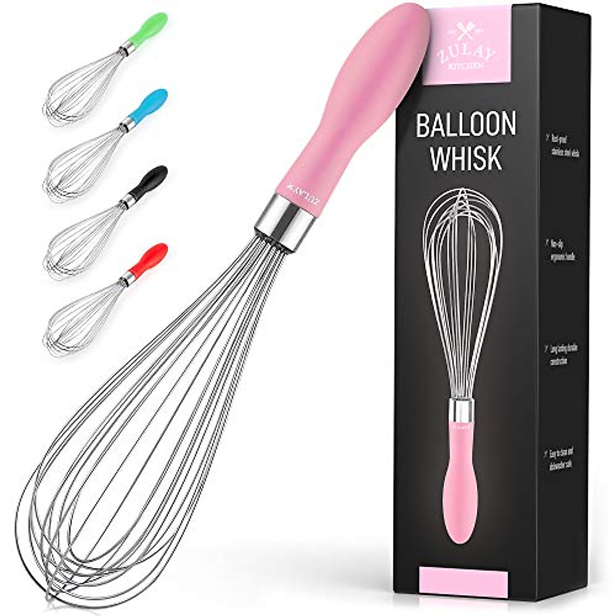 Zulay 12-Inch Stainless Steel Whisk - Balloon Whisk Kitchen Tool With Soft Silicone Handle - Thick Durable Wired Whisk Utensil For Blending, Beating, Whisking, Frothing, Stirring & More (Pink)