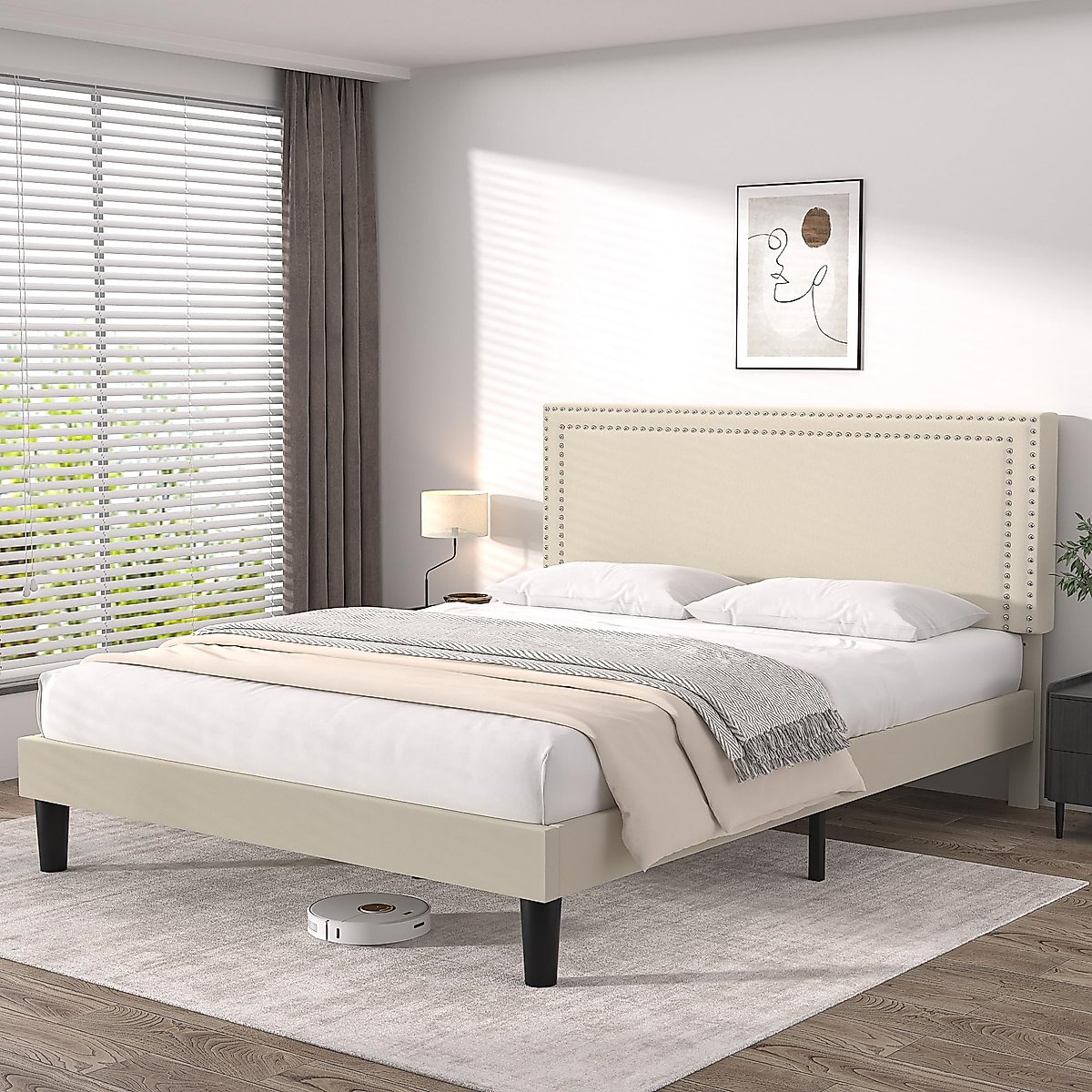 VECELO Queen Size Platform Bed Frame with Height Adjustable Upholstered Headboard, Modern Mattress Foundation,Strong Wood Slat Support, No Box Spring Needed, Easy Assembly