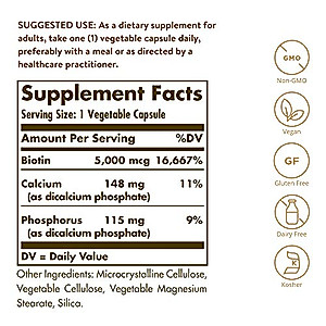 Solgar Biotin 5000 mcg, 100 Veg Caps - Promote Healthy Skin, Nails & Hair - Supports Energy Production, Protein, Carbohydrate & Fat Metabolism - Vitamin B - Non GMO, Vegan, Gluten Free - 100 Servings