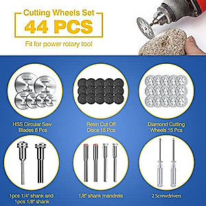 Winzwon Cutting Wheels Set 44 Pcs for Dremel Rotary Tool Accessories Kit, Gifts for Men, Diamond Cutting Wheels 15 Pcs, Resin Cut Off Discs 15 Pcs, Hss Circular Saw Blades 6pcs with 6 Mandrel Shank