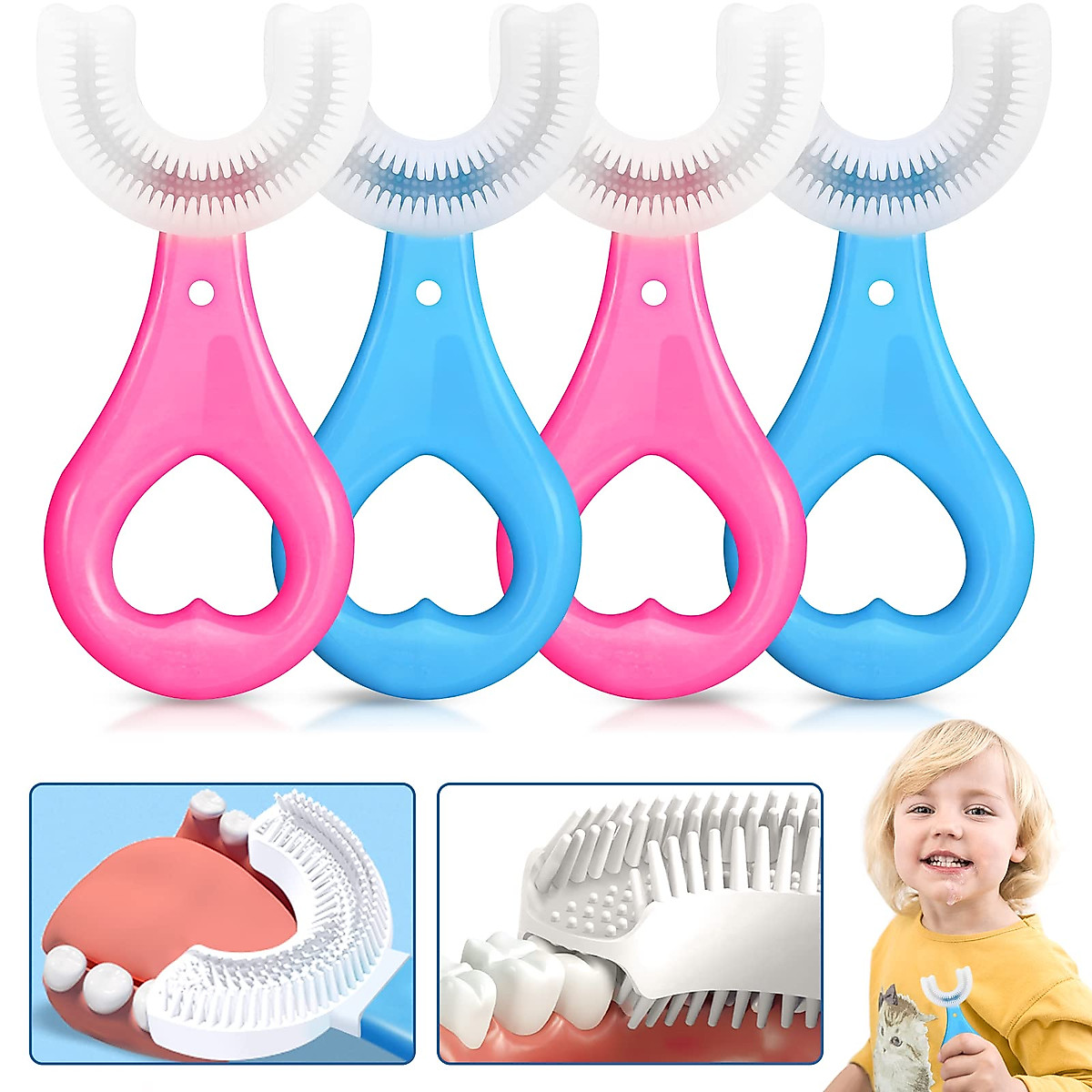 U Shaped Toothbrush Kids 4 Pack - Toddler Toothbrush with Food Grade Soft Silicone Brush Head, 360° Oral Teeth Cleaning Design for Kids' Toothbrush, Manual Whole Mouth Toothbrush for Kids Age 2-6