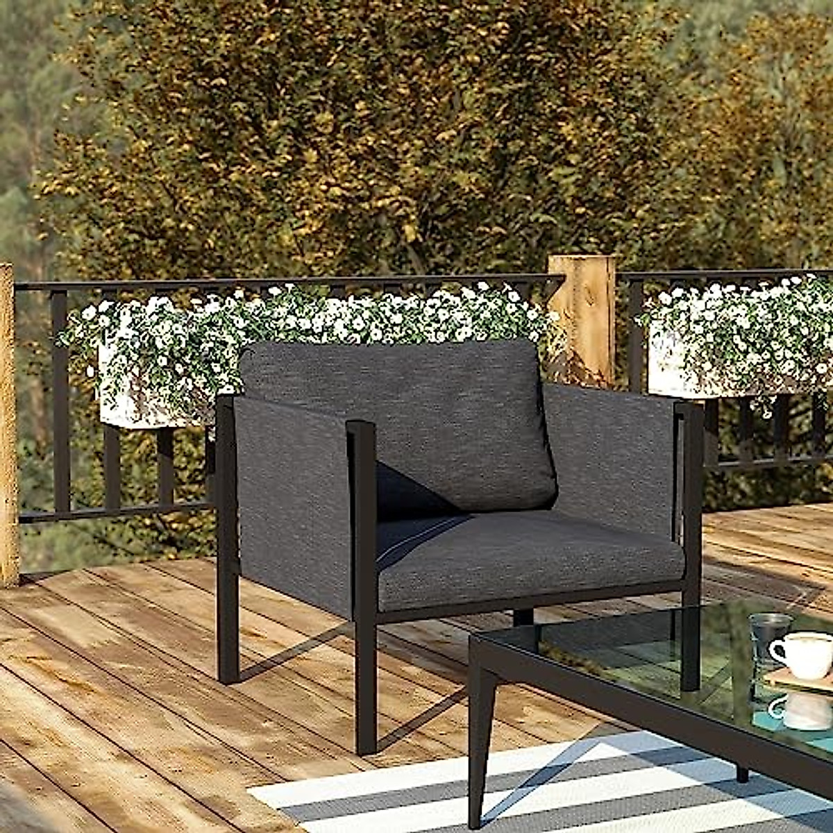 Flash Furniture Lea Indoor/Outdoor Patio Chair with Cushions - Modern Steel Framed Chair with Storage Pockets, Black with Charcoal Cushions