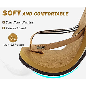 KuaiLu Womens Arch Support Flip Flops Comfortable Yoga Mat Slip on Leather Walking Thong Cushion Sandals Summer Beach Orthotic Slides Travel Essentials Indoor Outdoor Slippers Shoes Khaki Size 8