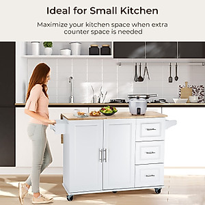 Unovivy Large Kitchen Island Cart with Drop Leaf, Kitchen Island with Storage, Rolling Kitchen Island with Adjustable Shelf Inside Cabinet, 3 Drawers, Spice Rack, Towel Rack and Wood Table Top(White)