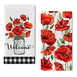 Seliem Welcome Spring Poppy Flower Kitchen Dish Towel Set of 2, Red Floral Hand Towel Buffalo Plaid Check Drying Baking Cooking Cloth, Watercolor Summer Seasonal Kitchen Decor 18x26 Inches