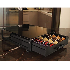 BLACKSMITH FAMILY Black Tempered Glass Vertuo Pods Drawer Holder with Smooth Gliding System, Compatible for 40 to 50 Nespresso Big Vertuo Pods or 75 Small Vertuo Pods, Black (Black Tempered Glass Top)